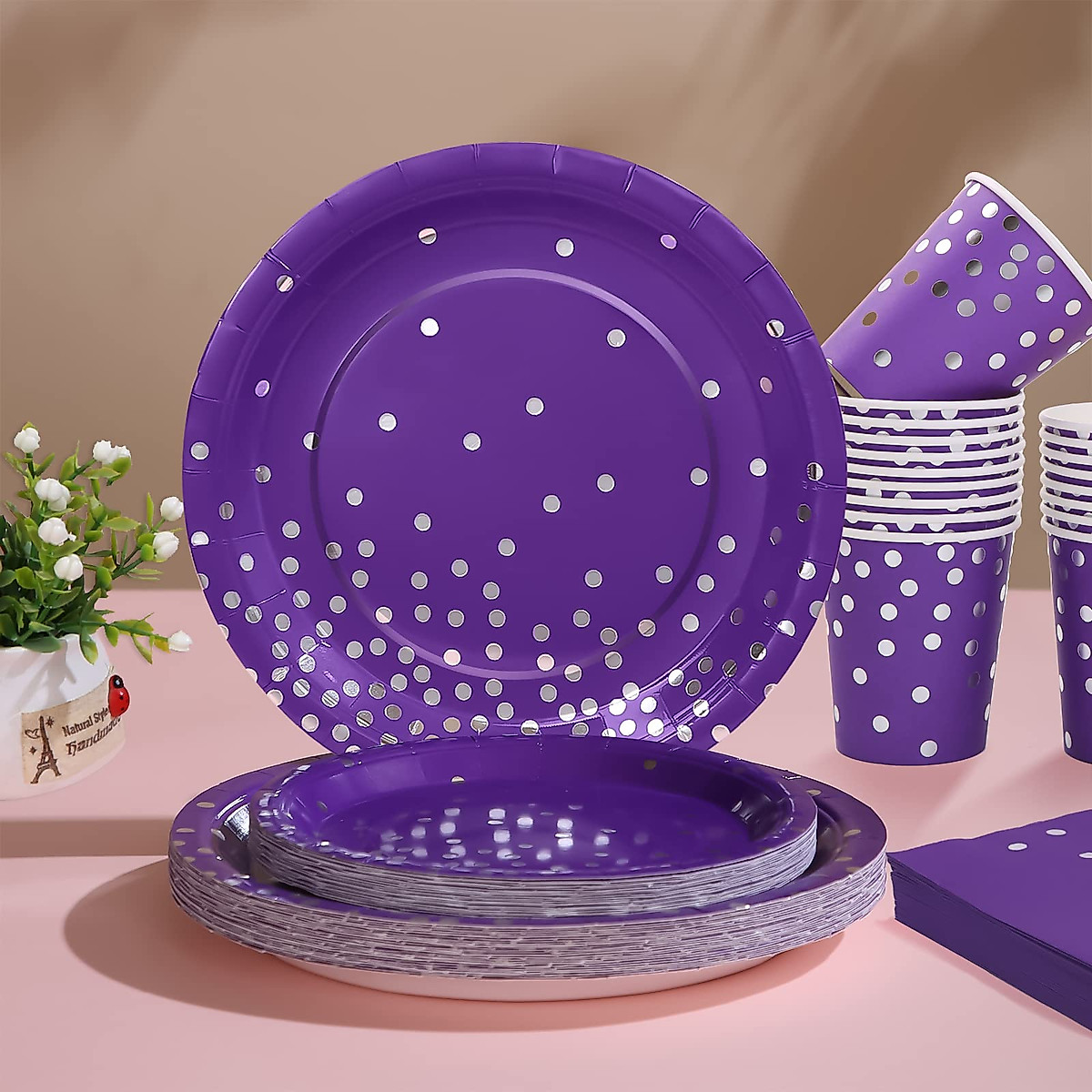 Gudvilla 168Pcs Purple Plates and Napkins Party Supplies, Purple Paper Plates, Purple Party Plates, Purple Party Decorations for Birthday Bridal Shower Mardi Gras Graduation Plates, Serves 24
