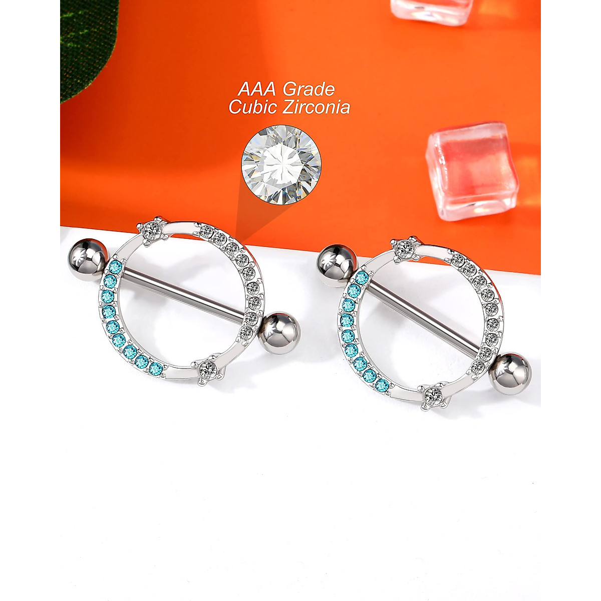 Melighting 14G Nipple Rings Shiny Stainless Steel 316L Clear Blue CZ Dainty Round Nipple Barbell Nipple Bars Body Piercing Jewelry for Women