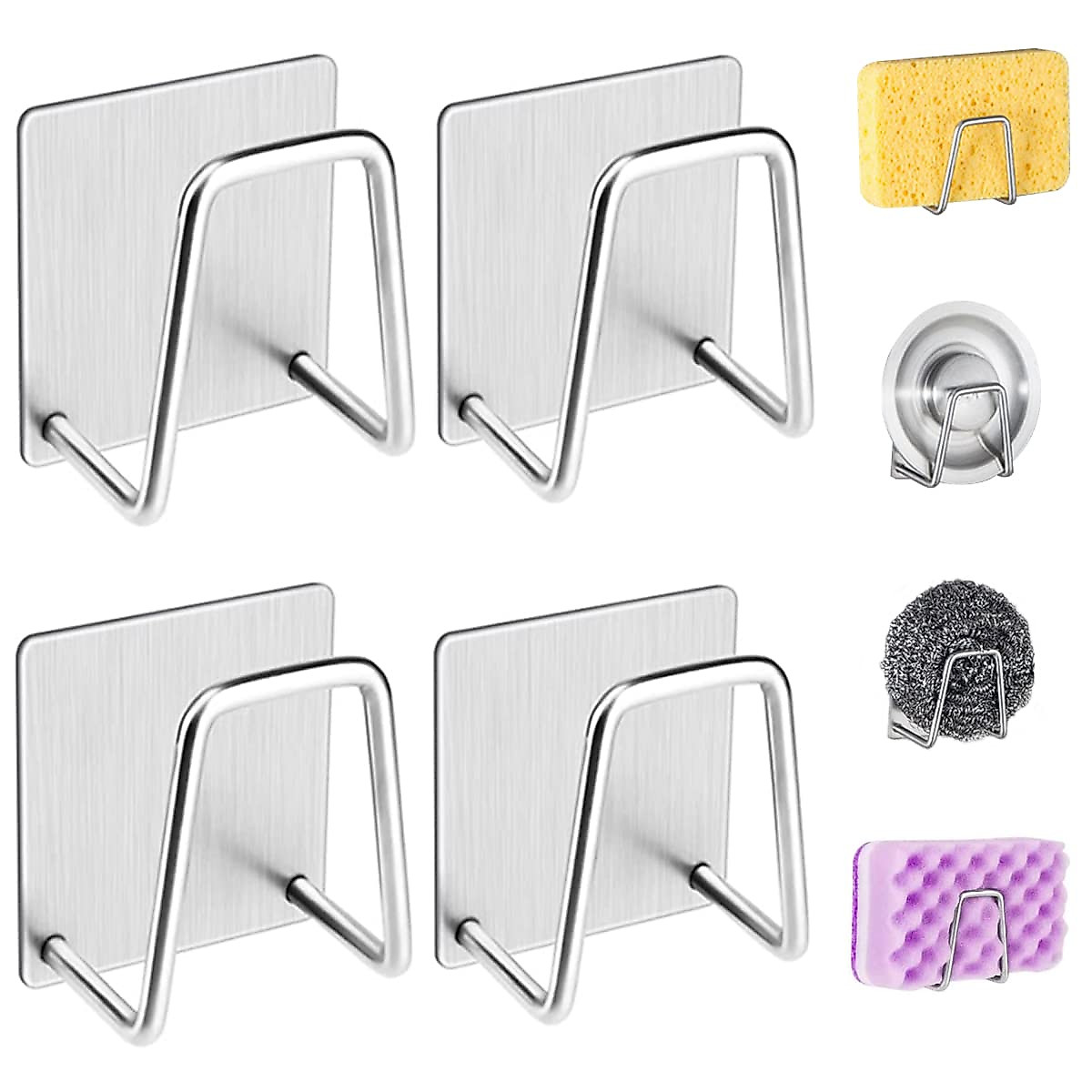 LYART 4Pcs Premium Sink Sponge Holder for Kitchen Sink Caddy Brush - SUS304 Stainless Steel Waterproof Rustproof Quick Drying Strong Self Adhesive (1. Silver X 4Pcs)