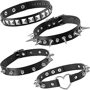 Hicarer 4 Pcs Women Men Cool Punk Choker Gothic Goth Spike Heart Shape Biker Choker PU Leather Collar Studded Rock Necklace (Black)