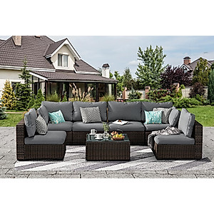 Grezone Patio Furniture Set 7 Piece Outdoor Wicker Sectional Sofa - All Weather High Backrest PE Rattan Couch Conversation Set with Cushion & Glass Top Table for Backyard Deck Porch, (grey)