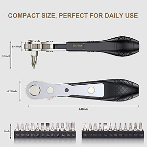 GreaTalent 25in1 S2 Steel Mini Ratchet Wrench Screwdriver Bit Set with 1/4" Hex Drive Phillips/Slotted/Hexagon/Torx Bits, 36-Tooth Gear, Magnetic Bit Holder, 90 Degree Offset Reversible