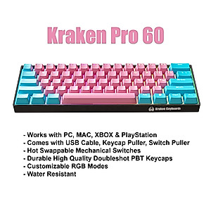 KRAKEN KEYBOARDS Pro 60 Percent Keyboard 60% Gaming Keyboard Mechanical - Blue & Pink - HOT SWAPPABLE - for Gaming On PC, Xbox, PlayStation & MAC (Cotton Candy | Silver Switches)
