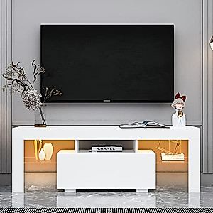 DMAITH White Modern LED TV Stand for 55/60/65 Inch TV, High Glossy Gaming Entertainment Center with Large Storage Drawers, TV Media Center with Display Glass Shelves for Living Room, Bedroom, 002W
