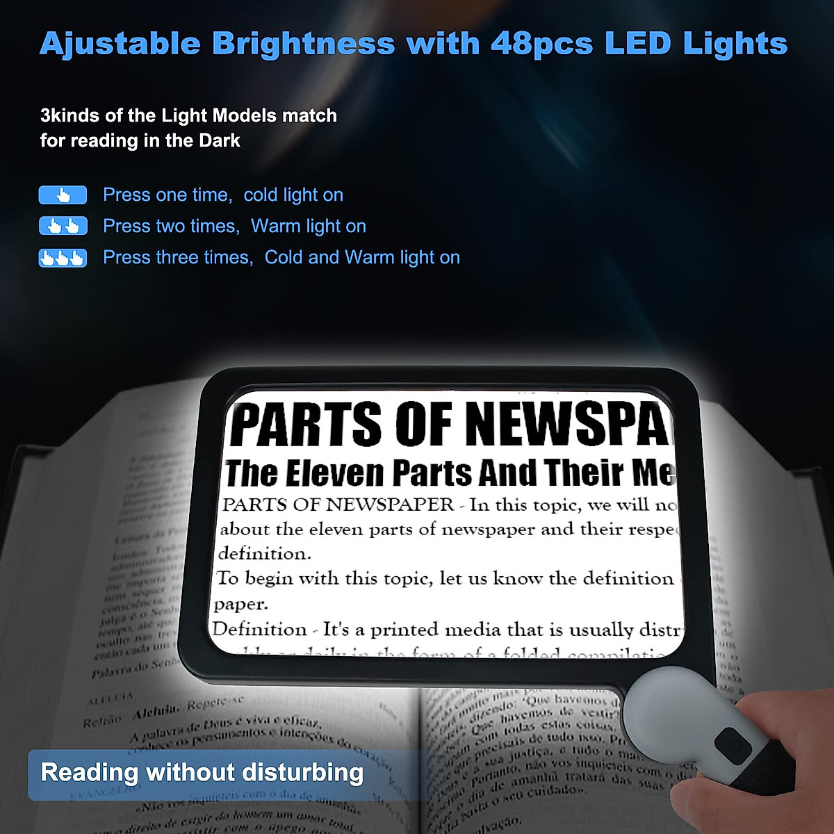 Delixike 5X Large Magnifying Glass with Bright Led,Page Magnifier with 48 Anti-Glare Dimmable LEDs,3 Color Lighting Modeds for Low Vision, Small Print, Aging Eyes and Seniors