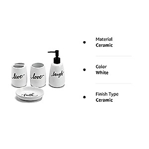 Adavas.Y&G Bathroom Accessory Sets with Sweet Quotes, Durable Ceramic Set W/Toothbrush Holder,Soap Dispenser,Tumbler, Soap Dish,Great for Farmhouse Decor (White 1)