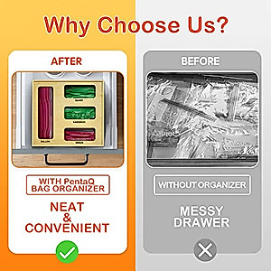 pentaQ Ziplock Bag Organizer, Food Plastic Storage Bag Holder for Kitchen Drawer, Wall Mountable Kitchen Organization and Storage for Gallon, Quart, Sandwich and Snack Variety Size Bag (Natural)