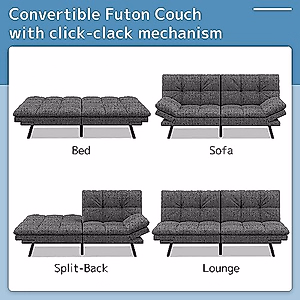 wOod-it Futon Sofa Bed, Memory Foam Foldable Couch Convertible Loveseat Sleeper Daybed with Adjustable Armrests for Small Space, Compact Living Room, Studio, Office, Apartment (Dark Gray)