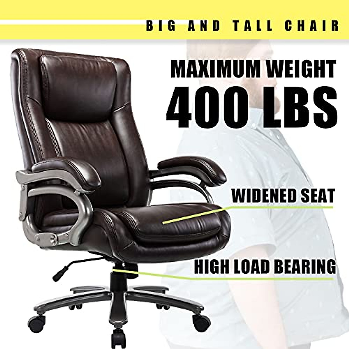 Big & Tall 400lb Office Chair - High Back Executive Computer Chair Heavy Duty Metal Base and Adjustable Tilt Angle Large Bonded Leather Desk Swivel Chair, Ergonomic Design for Lumbar Support (Brown)