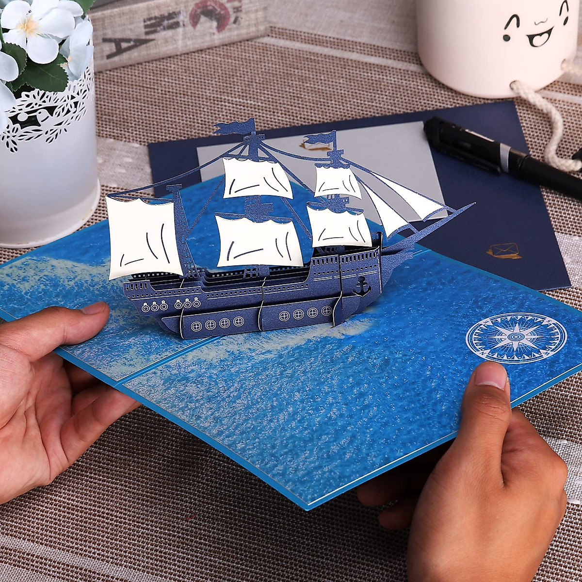 Magic Ants 3D Pirate Ship Pop Up Card - Handmade Greeting Card for Kids, Dad, Husband - Perfect for Birthdays, Fathers Day, Graduation, Anniversaries, and All Occasions