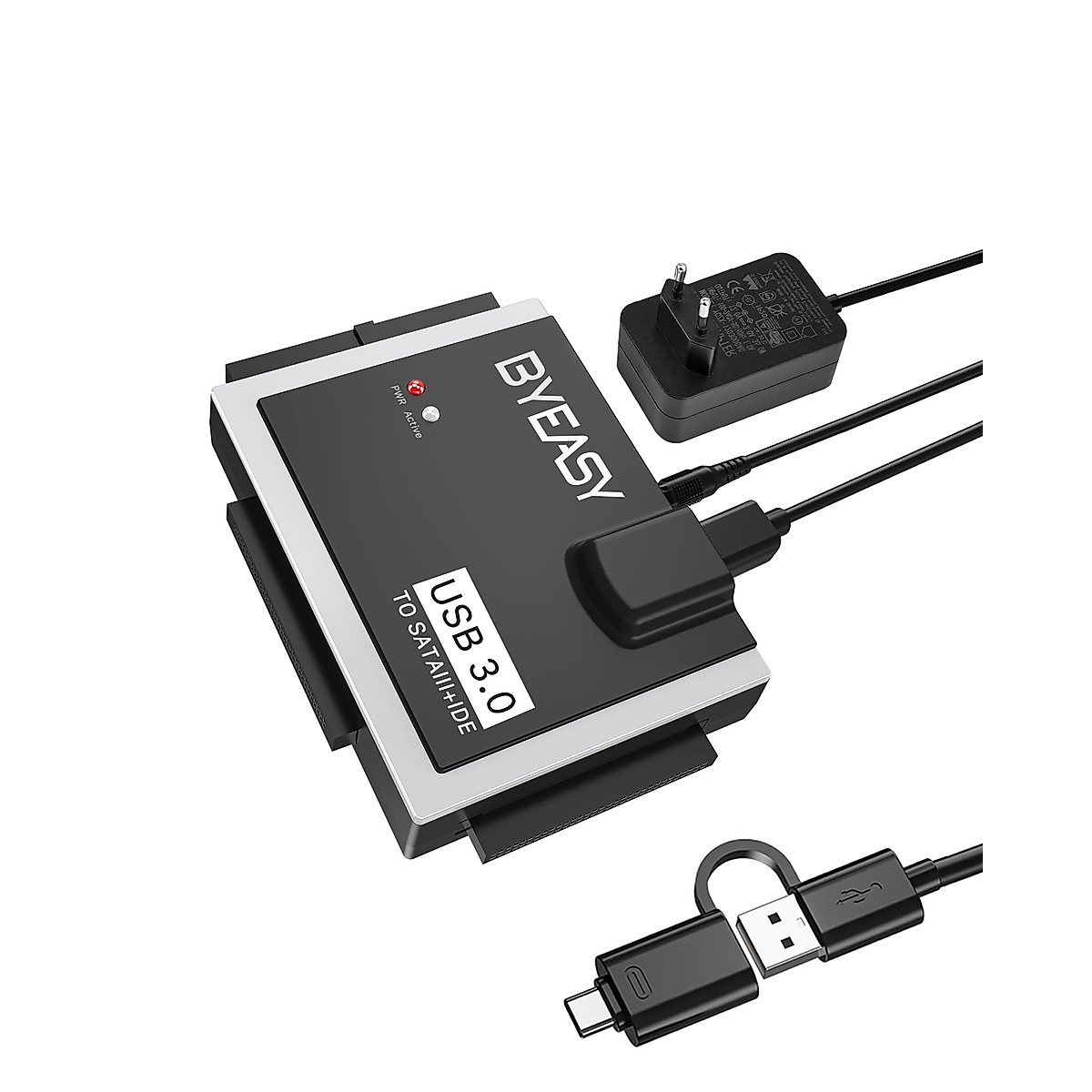BYEASY SATA/IDE USB 3.0 Adapter, Hard Drive Reader with USB A and USB C for Universal 2.5"/3.5" Inch External HDD/SSD with 12V 2A Adapter, Support 12TB for Windows and Mac OS