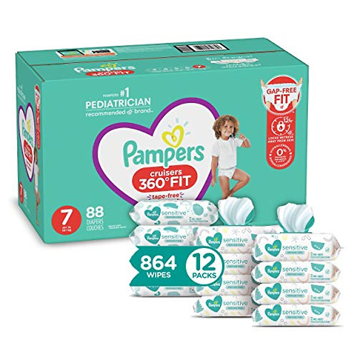 Diapers Size 7, 88 Count and Baby Wipes - Pampers Pull On Cruisers 360° Fit Baby Diapers with Stretchy Waistband, ONE Month Supply with Sensitive Wipes, 12X Pop-Tops, 864 Count (Packaging May Vary)