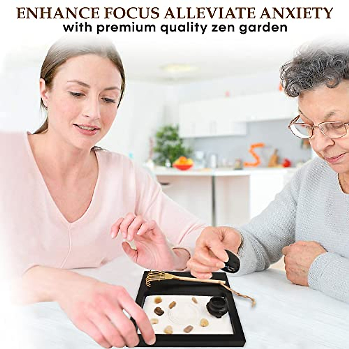 Zen Garden Kit for Desk, 6.4x6.4x0.5 Complete Relaxing Japanese Zen Gardens with Rake, Stable Sand Gardening Tray, with Rock Accessories as Home Tabletop Desktop Meditation Therapy Set Tools