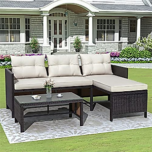 QUUL Outdoor Patio 3 Pcs Rattan Wicker Sofa Set， with Lounger Seat, Beige Cushions