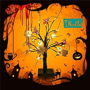 WUYJTIF 1.5FT Black Halloween Tree Lights with 24 Decorated Ghost/Pumpkin/Spider Lights, Timer/Battery Powered Halloween Decorations Indoor Outdoor Suitable for Home, Table, Mantle, Party Decorations