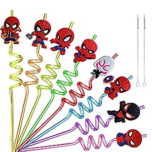 24 Pack Party Straws Kids Birthday Gift Supplies Drink Straws Cartoon Pattern with 2 Cleaning Sticks