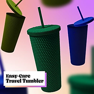 Matte Studded Tumbler with Lid & Straw, Reusable BPA Free Plastic Water Bottle, Travel Friendly Water/Iced Coffee/Cold Brew/Smoothie Textured Cold Cup, 24oz (Forest Green)