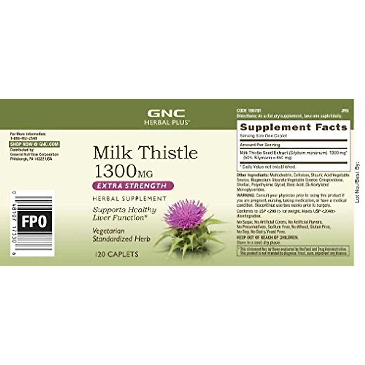 GNC Herbal Plus Milk Thistle 1300mg | Standardized Herb, Supports Healthy Liver Function, Vegetarian | 120 Caplets