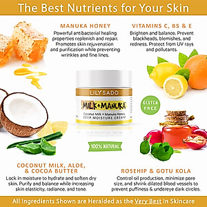 LILY SADO MILK+MANUKA™ Coconut Milk and Manuka Honey Natural Face Moisturizer - Non Greasy Organic Facial Cream with Cocoa Butter and Gotu Kola - Amazing Anti-aging Formula