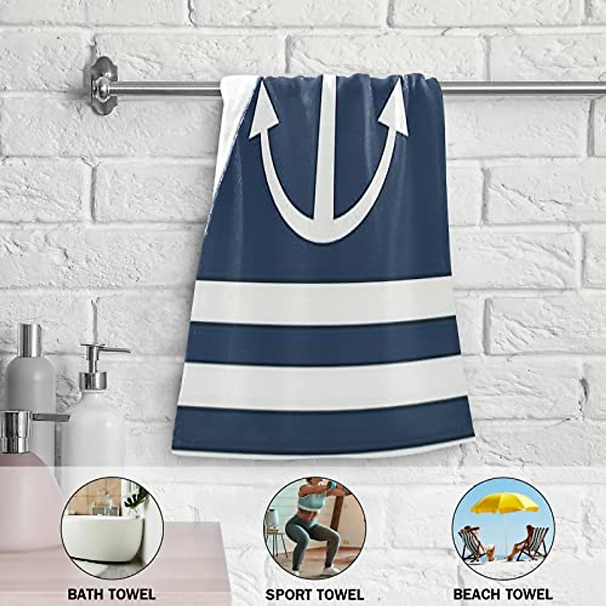Wamika Nautical Theme Anchor Hand Bath Towel Hanging Towels Set Navy Blue Kitchen Dish Towel Highly Absorbent 2pcs