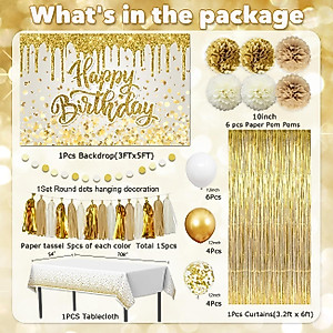 Gold Birthday Party Decorations Set Happy Birthday Decorations for Women Girls- Happy Birthday Banner Backdrop Gold and White Balloons Tassel Curtains Gold Dot Tablecloth Birthday Party Supplies