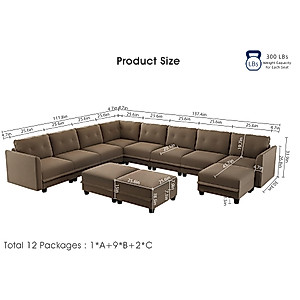 LLappuil Modular Sectional Sofa with Storage Oversized U Shaped Couch with Reversible Chaise Velvet Waterproof Anti-Scratch Sofas for Living Room 9 Seats with 2 Ottomans Grey Brown