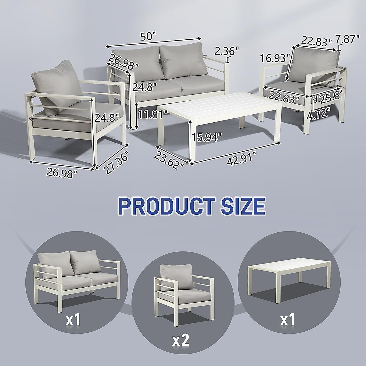 Outvita Outdoor Patio Furniture Set, 4 Pieces Aluminum Patio Conversation Sets, Modern Patio Sofa Loveseat Set with Coffee Table and 5 Inch Cushion for Patio Balcony Yard (White, 4pcs Set)