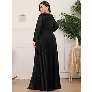 Ever-Pretty Women's Glitter A Line High Slit V-Neck Plus Size Formal Gowns and Evening Dresses Black US20