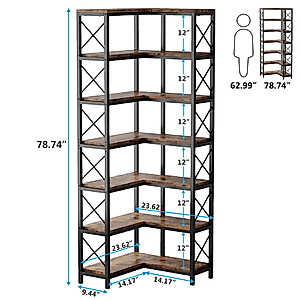LITTLE TREE 7-Shelf Corner Bookshelf Modern Corner Bookcase Corner Shelf for Living Room Home Office, Rustic Brown