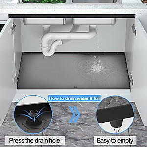 HolaDream Under Sink Mat 34”x22” Kitchen Waterproof Silicone Cabinet Mat Liner Drip Tray with Drain Hole Design for Bathroom and Laundry, Black