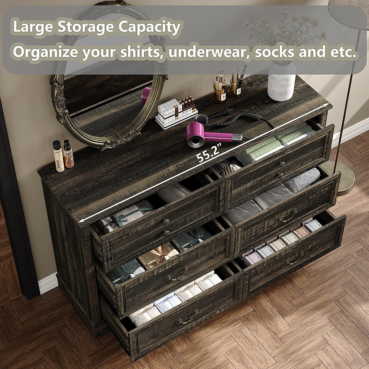 Furnihold Farmhouse 6 Drawers Dresser for Bedroom, Black Double Dresser, Wide Chest of Drawers for Bedroom, Living Room,Hallway