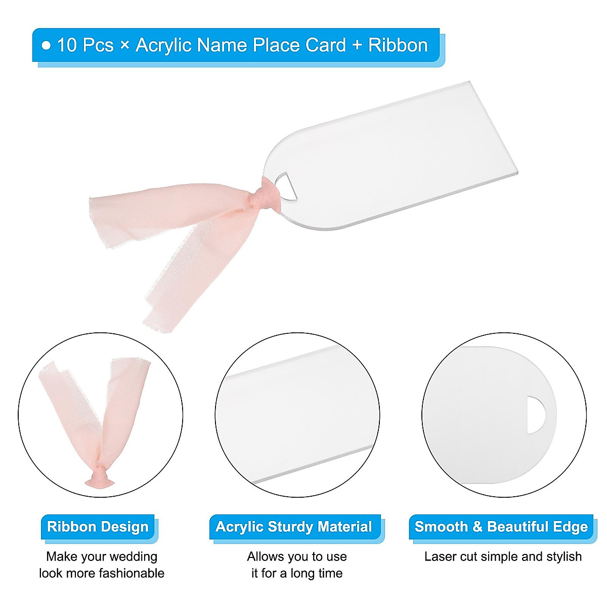 PATIKIL Place Cards for Table Setting 3.5" x 1.8", 10 Pcs Acrylic Name Cards with Ribbon for Wedding Banquets Events Table Setting Reserved Signs Party Supplies, Style B Frosted