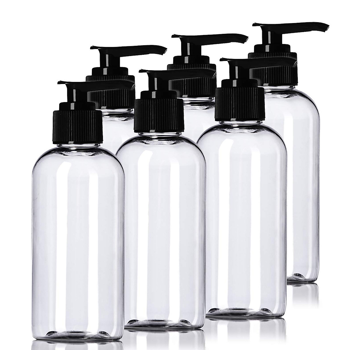 Aromine Essentials 4oz Plastic Clear Bottles (6 Pack) BPA-Free Squeeze Containers with Pump Cap, Labels Included