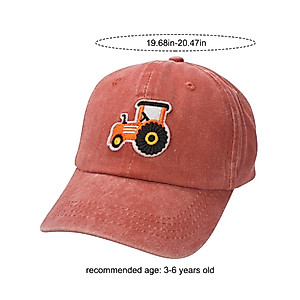 Kids Cartoon Farm Tractor Embroidery Baseball Cap, Adjustable Snapback Washed Distressed Vintage Retro Cotton Sun Hat for Boys Girls Ages 2-8 Red