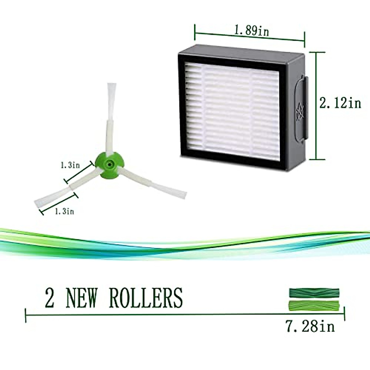 Replacement parts accessories compatible with irobot Roomba i3 i3+ i4 i6 i6+ i7 i7+ i8+/Plus E5 E6 E7 I, E&J series vacuum cleaner, 1 set multi-surface rubber brushes, 3 air filters ＆ 3 side brushes.
