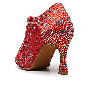 SWDZM Women's Latin Dance Shoes Open Toe Lace-up Mesh Ballrooom Tango Salsa Performence Ankle Dance Boots,Heel-3",9001,Red,6 US