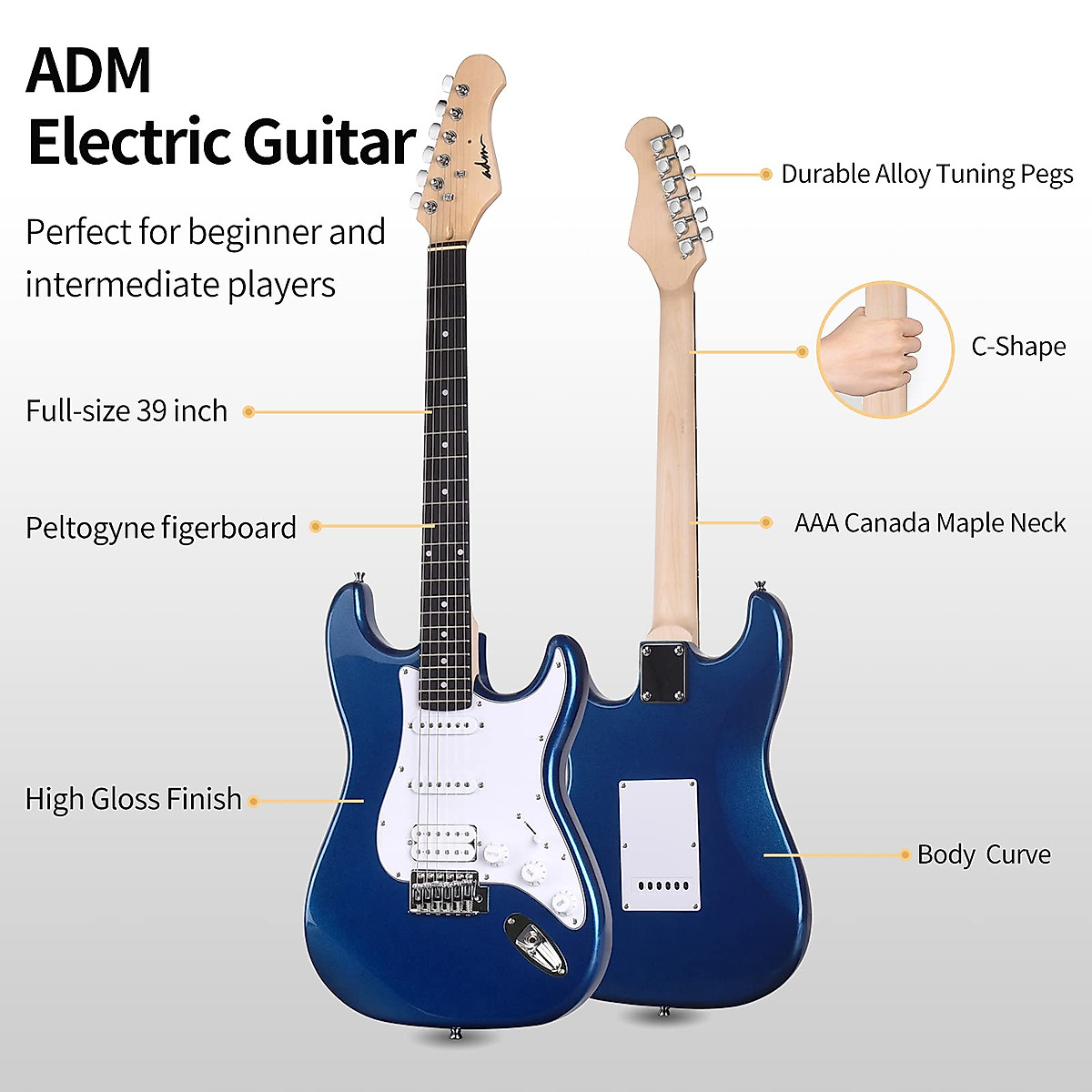 ADM Electric Guitar Beginner Kit 39 Inch Full Size Guitar Package with Amplifier, Bag, Strap, String, Tuner, Cable and Picks, Blue