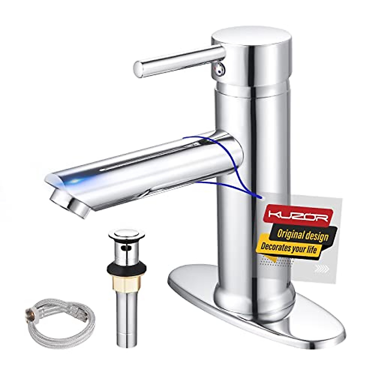 KUZOR Bathroom Faucets 1 or 3 Hole Single Handle Bathroom Sink Faucet Solid Brass Chrome Bathroom Faucet with Optional Deck Plate 4 Inch Centerset Pop Up Drain and Water Supply Hoses Included