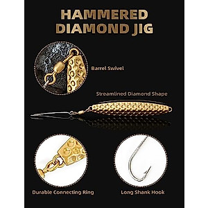 BLUEWING Hammered Diamond Jig 1pc Fishing Jig Saltwater Fishing Lures Deep Sea Sinking Fishing Baits with Stainless Steel Hook, Gold 3oz