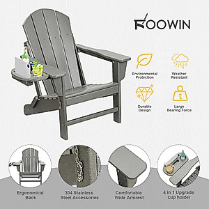 FOOWIN Adirondack Chair Set of 4, HDPE Folding Adirondack Chair w/4 in 1 Cup Holder Trays,Weather Resistant Outdoor Chair, Fire Pit Chairs for Patio Lawn Garden Backyard Deck,15min Assembly 400LB