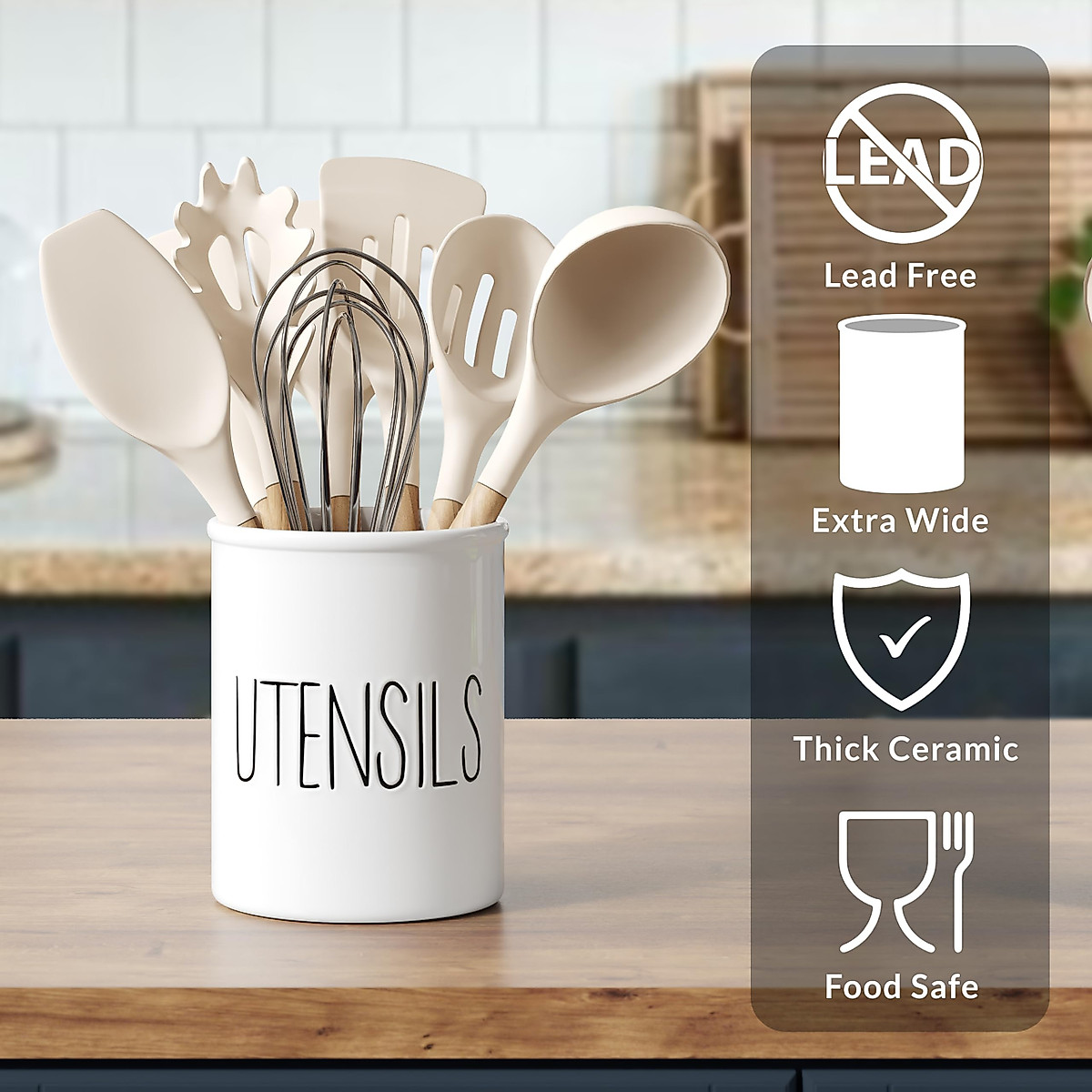 Barnyard Designs Ceramic Farmhouse Kitchen Utensil Holder for Countertop, Decorative Kitchen Utensil Holder, Large Kitchen Utensil Holder for Kitchen Counter, Utensil Crock Spatula Holder, 7" White