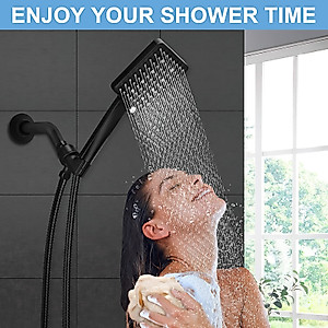 Handheld,Rain Black Square shower head with Hose,High Pressure 6 Spray Settings Rainfall Detachable shower heads Set with 59" Stainless Steel Hose/Bracket/Shower Loofahs/Tape