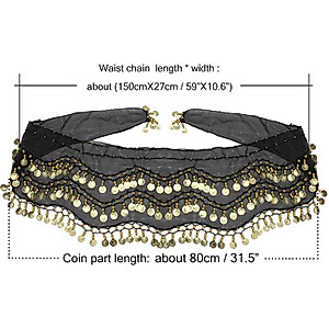 COSICS Belly Dance Hip Scarf, Women's Black Chiffon Belly Dancing Scarf with 128 Gold Coins for Yoga Class