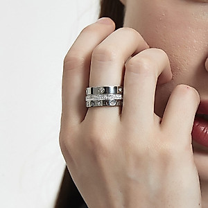 YIKOXI 3pcs Love Friendship Lucky Ring Cubic Zirconia Gold Ring Sets for Women Stainless Steel Wedding Statement Thumb Ring Bands (Silver, 8)