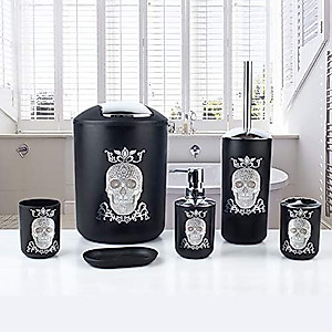Halloween Bathroom Accessories Set 6 Piece Plastic Bathroom Ensemble Soap Dispenser Toothbrush Holder Tumbler Soap Dish Trash Can Toilet Brush Holder for Decorative Countertop Housewarming Gift(Black)
