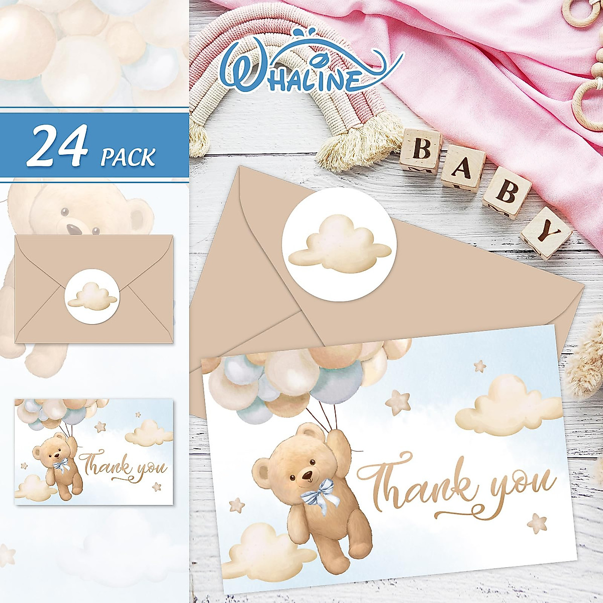 Whaline 24Pcs Bear Thank You Cards Watercolor Bear Balloon Greeting Cards with Envelope Stickers Cartoon Blank Note Cards for Birthday Wedding Baby Shower Party Supplies, 4 x 6 Inch