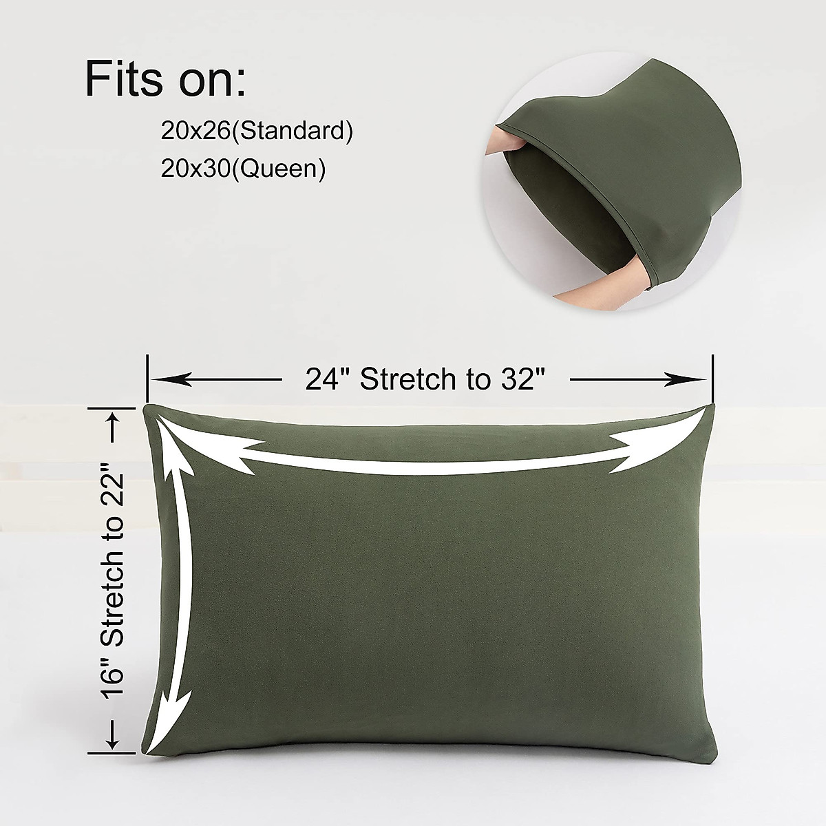 2-Pack Stretch Pillow Cases - Jersey Knit & Envelope Closure Pillowcases with Ultra Soft T-Shirt Like Polyester Blend - Suitable for Queen or Standard Size Set of 2, Dark Olive