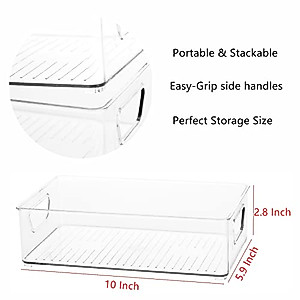 Cq acrylic Set of 4 Refrigerator Organizer Bins Stackable Plastic Clear Food Storage Bin with Handles for Pantry, Freezer, Fridge, Cabinet, Kitchen Countertops BPA Free