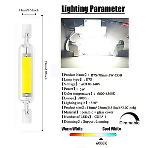 78mm R7S 5W LED Bulb 75W Halogen Equivalent 78mm J-Type 5W 120V R7S Base 6000K Cool White J Type T3 78mm Double Ended Flood Light Bulbs 360°Beam Angle Landscape Lights, Pack of 3