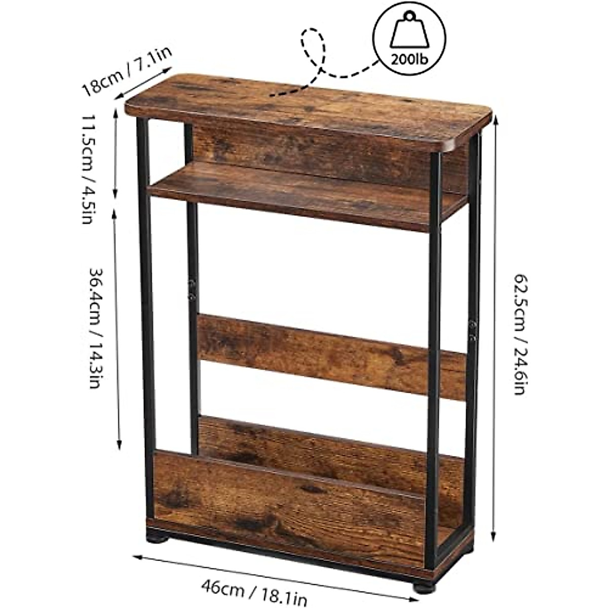 Vintage Narrow Side Table with Storage Shelf, 3 Tier Slim End Table Modern Sofa Table for Narrow and Small Spaces, 24.6 Inch Height Bedside Table Small Nightstand with Magazine Rack Space Saving